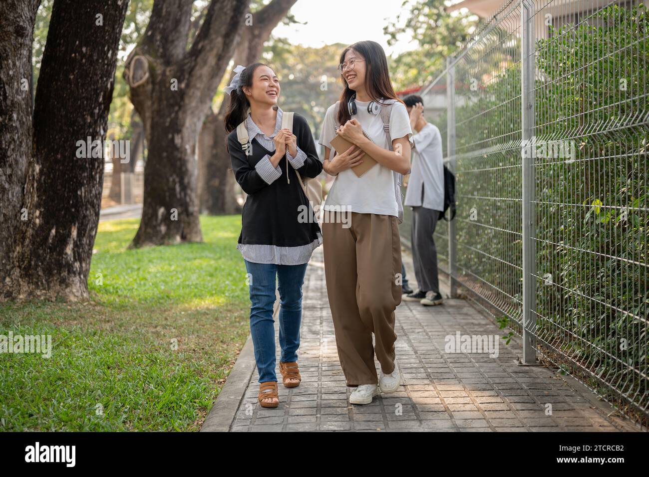 Two young Asian female students best friends are laughing and enjoying ...