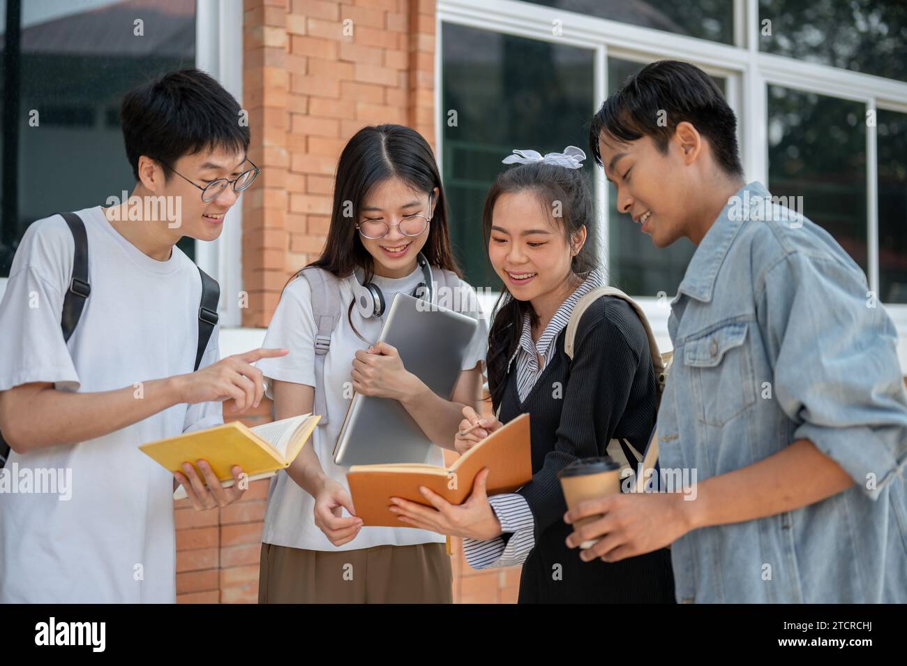 Group of positive diverse young Asian college students are discussing ...