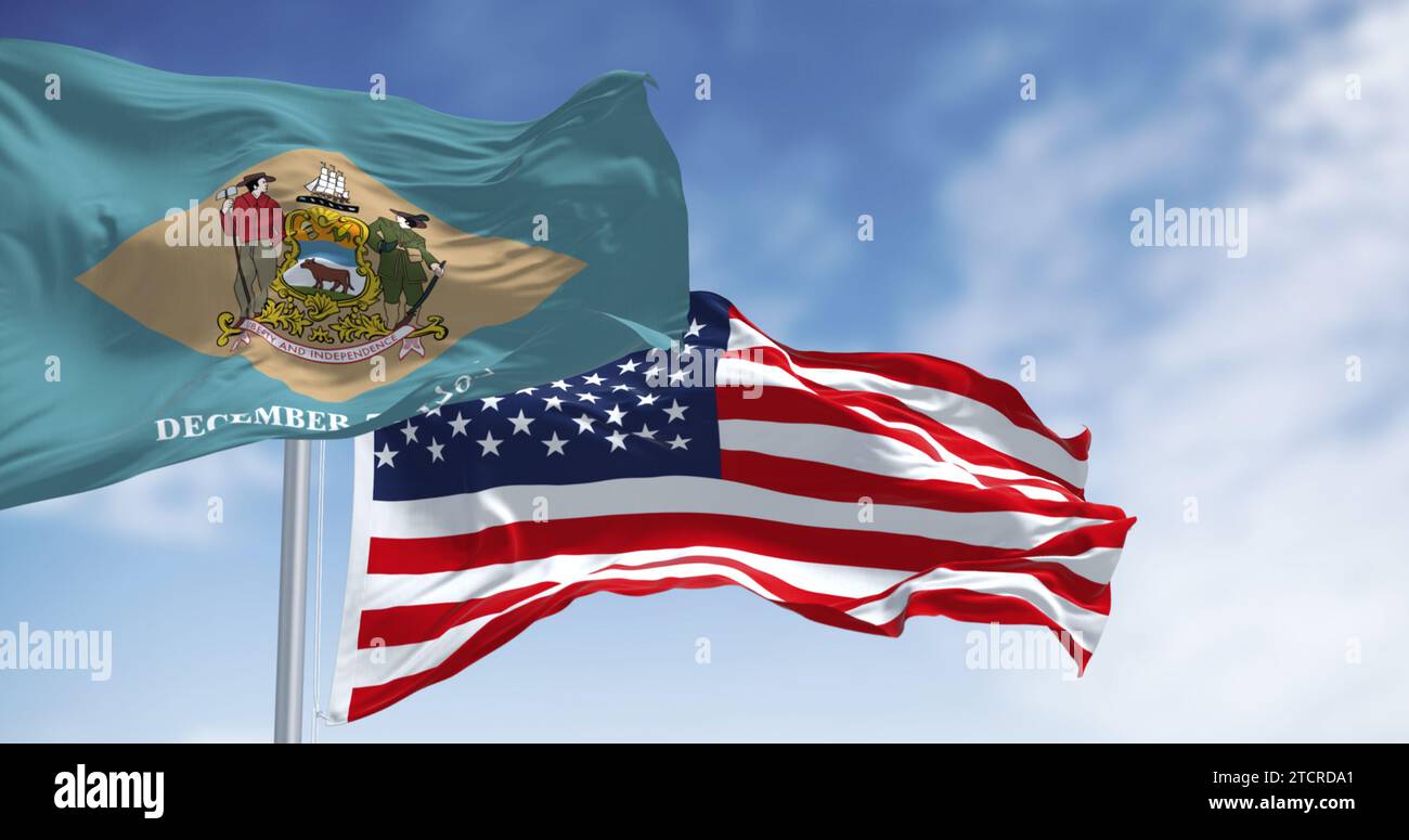 Delaware state flag waving with the national american flag. Yellowish ...