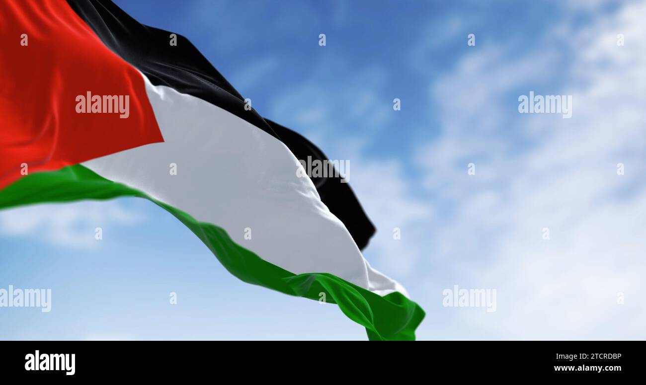Palestine national flag waving on a clear day. Three black, white ...