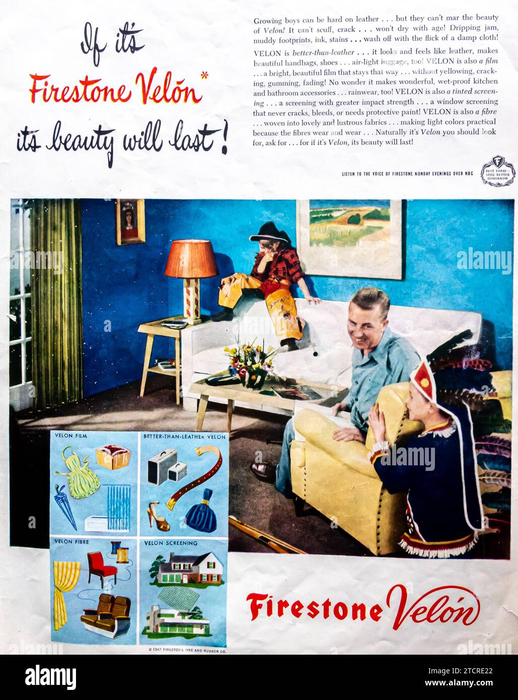 1947 Firestone velon ad. Velon or Vinyl Taffeta is used industry wide ...