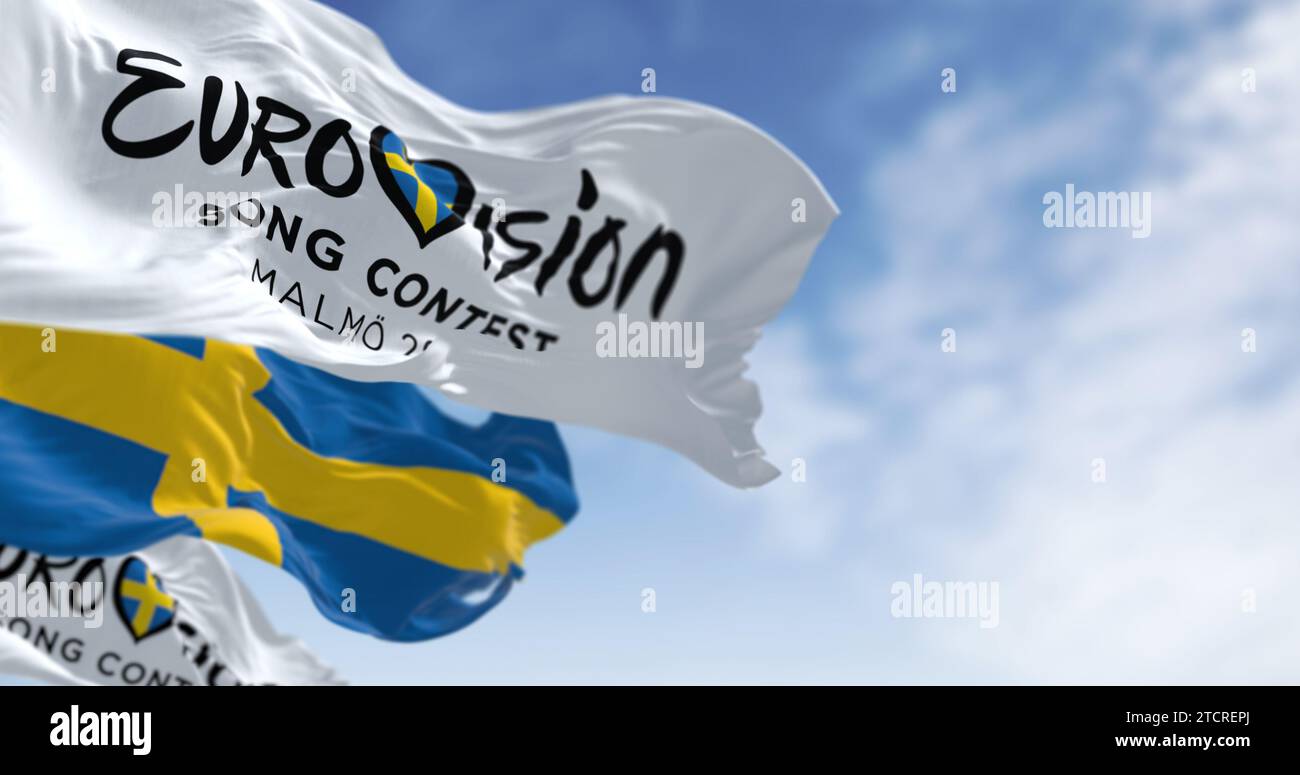 Malmö, SE, Oct. 25 2023: Eurovision Song Contest 2024 and swedish flags ...
