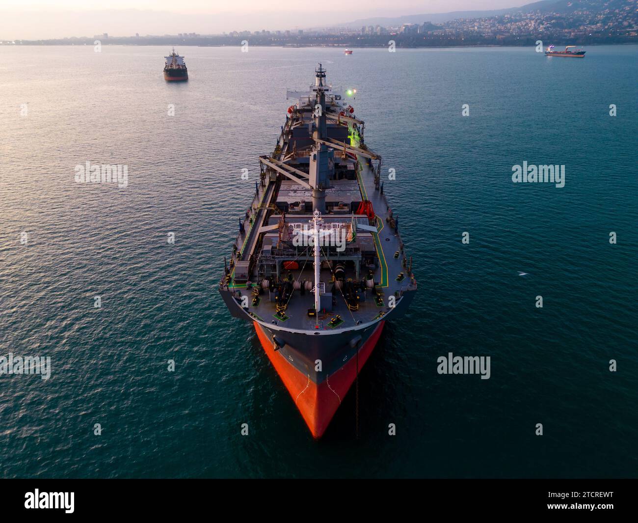A massive cargo ship wood chips carrier in the sea, aerial view Stock ...
