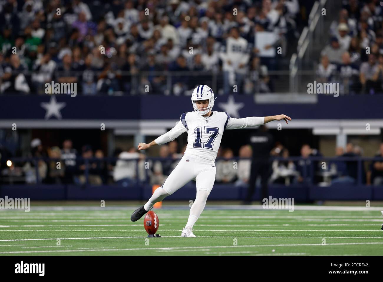 Dallas Cowboys kicker Brandon Aubrey (17) kicks off during an NFL ...