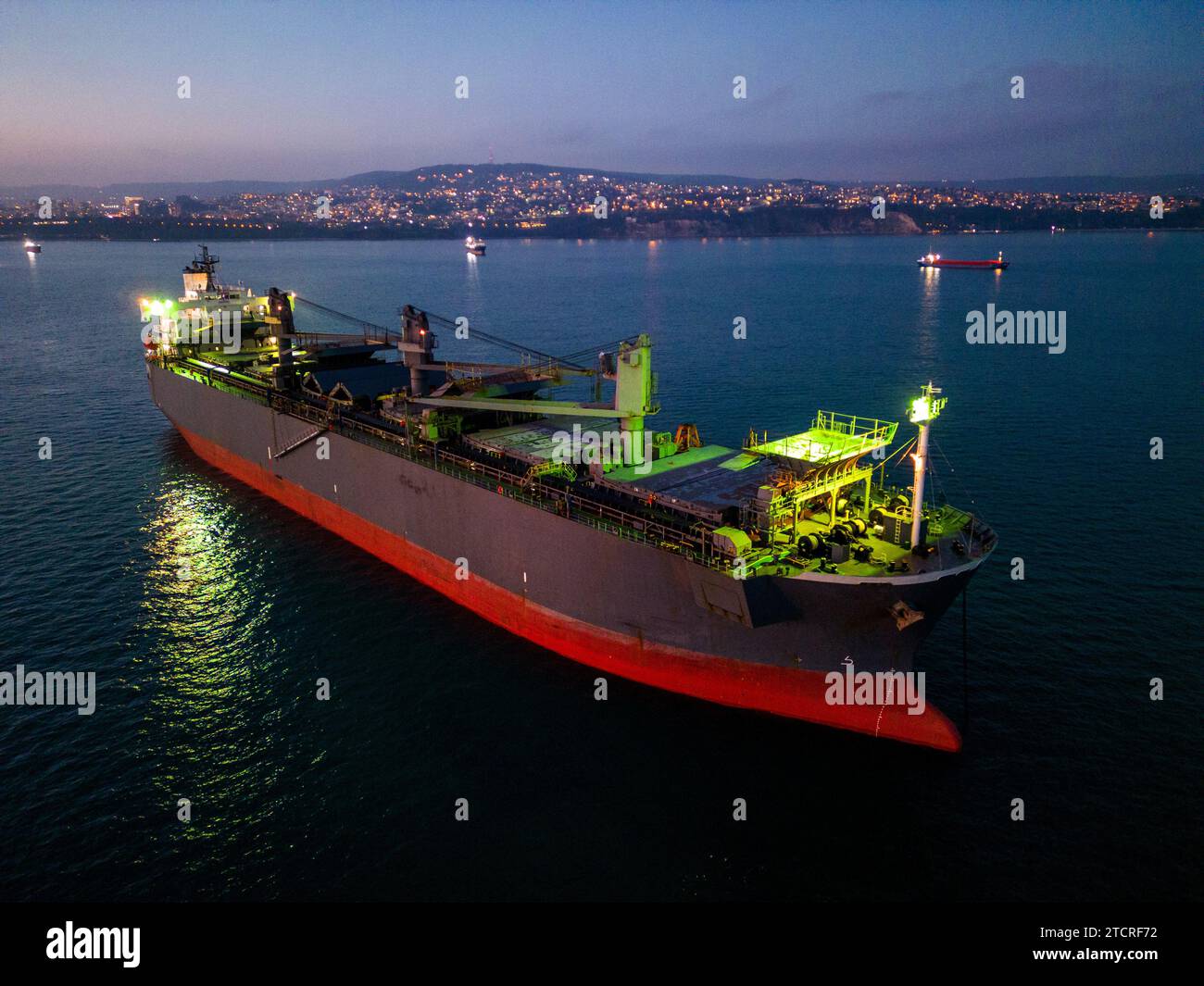 A massive cargo ship wood chips carrier in the sea, aerial view Stock ...