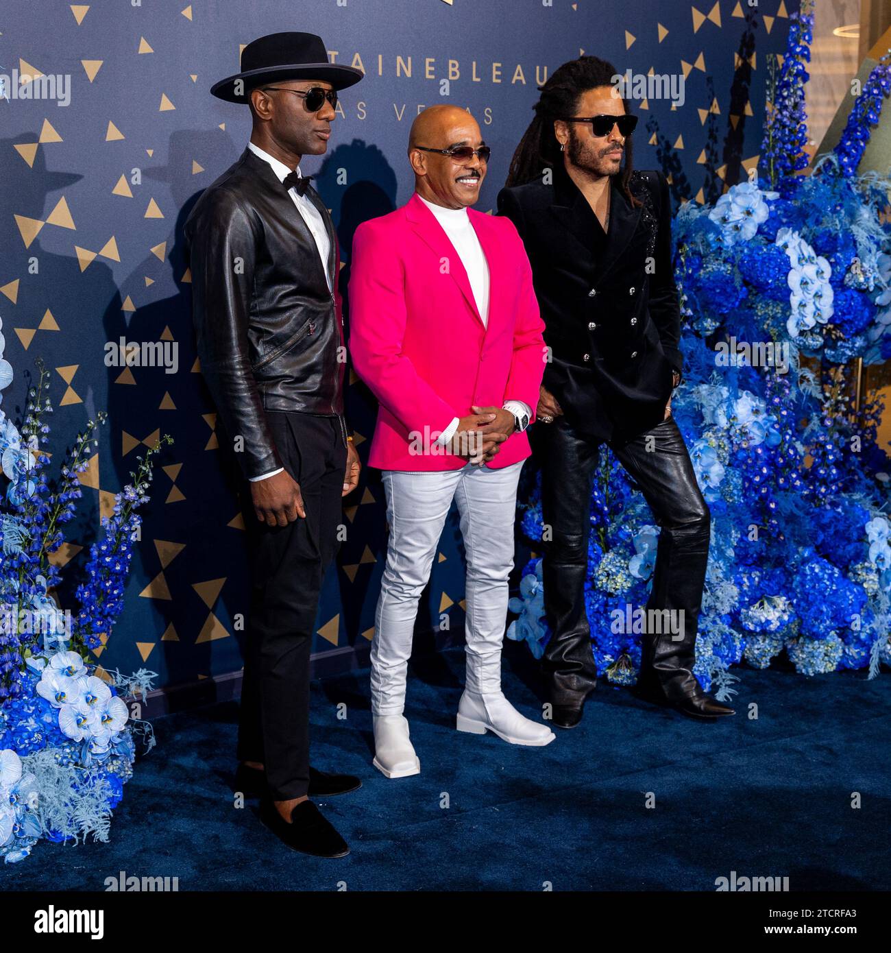 (L-R) Aloe Blacc, Vassal Benford and Lenny Kravitz attend the grand opening of Fontainebleau Las ...