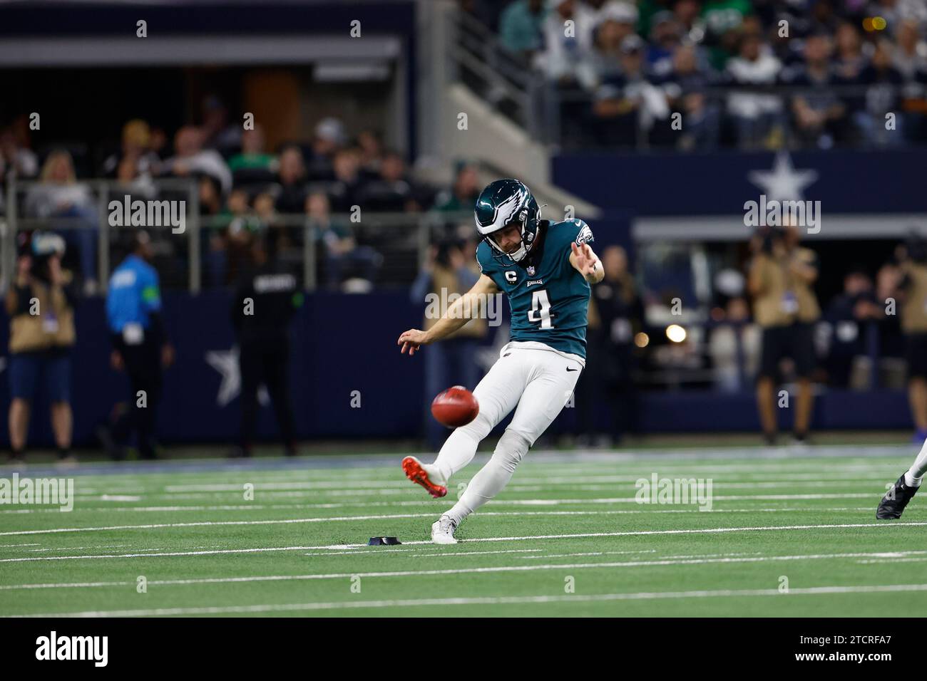 Philadelphia Eagles kicker Jake Elliott (4) kicks off after a field ...