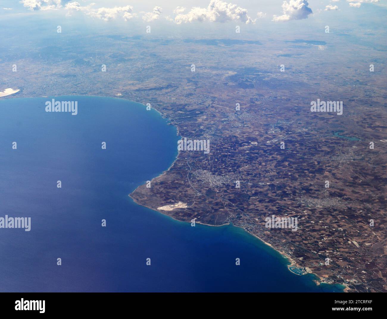 Aerial view of the Ayia Napa marina and the Cypriot coastline in Cyprus ...