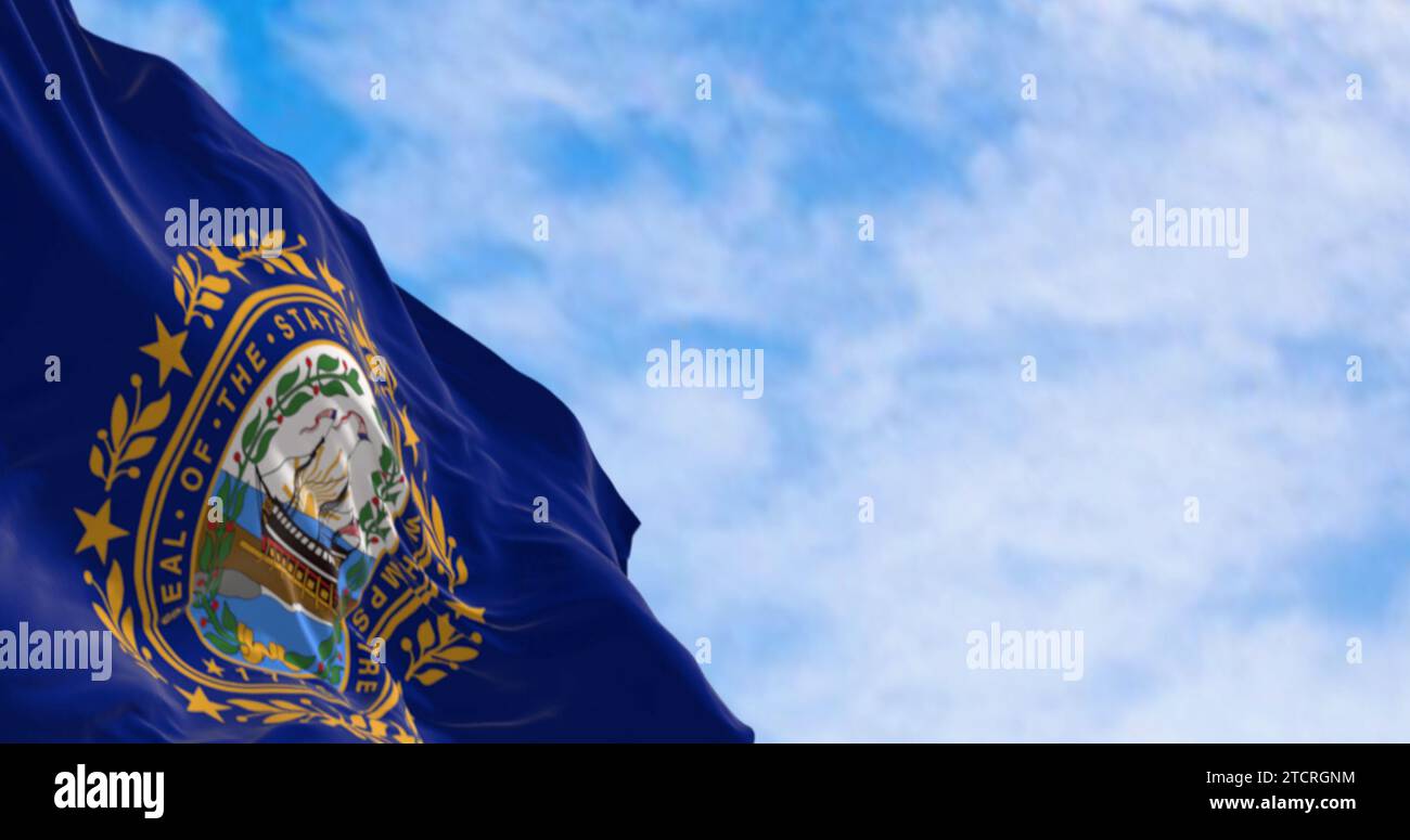 Close-up of New Hampshire state flag waving in the wind. Dark blue ...
