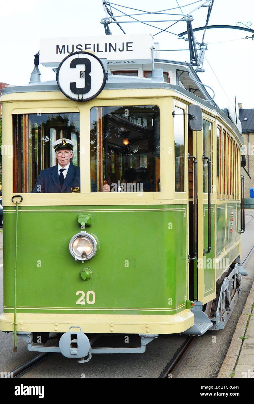An old green tramway on the Museilinje line on the street in Malmö ...