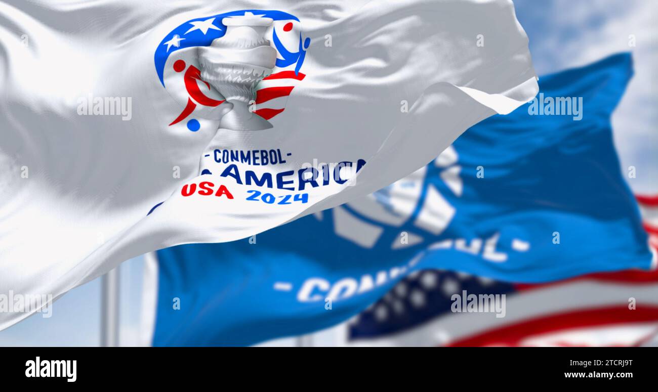 Miami, US, Dec. 3 2023: Copa America USA 2024 Flag waving with CONMEBOL ...