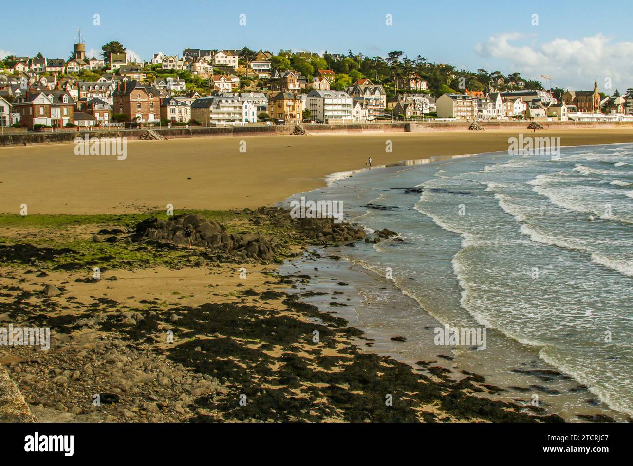 Sandy beach and small city in Brittany (Bretagne), Côtes-d'Armor ...