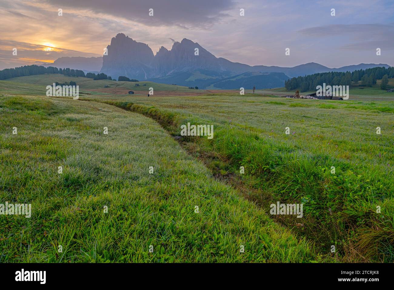 Alpe di Siusi at sunrise, green meadows, distant peaks, a breathtaking ...