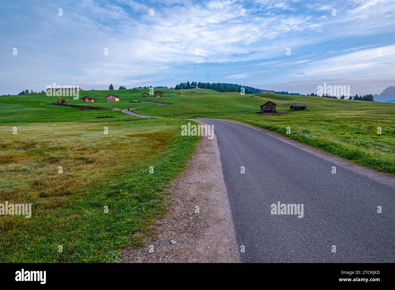 Morning vista, A winding road guides through green meadows, adorned ...