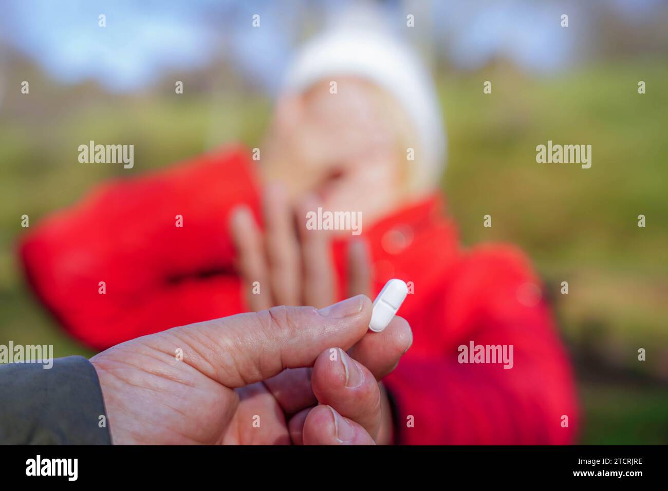woman rejecting a medication pill. Medication resistance and campaign ...
