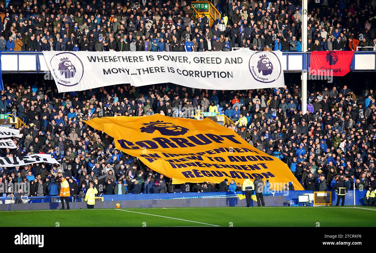 File photo dated 10-12-2023 of Everton fans hold up banners protesting ...