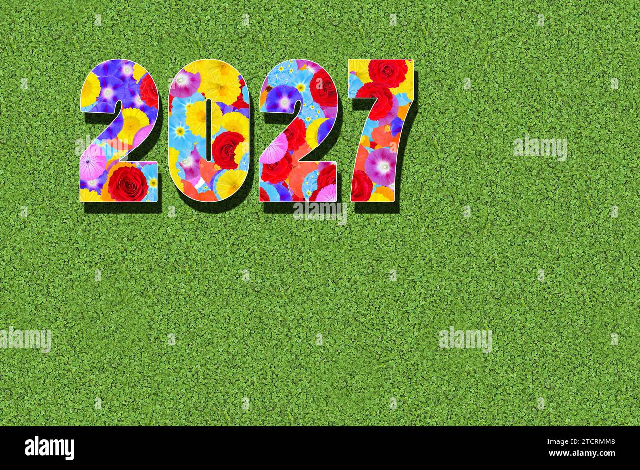 Year, year, calendar year 2027 written with colorful flowers on green ...