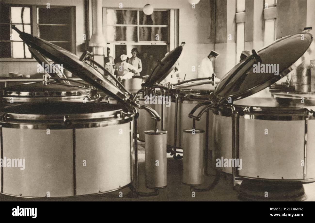 A photograph of the kitchen at a German military training camp ...