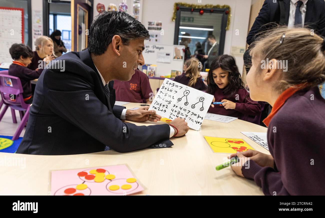 Prime Minister Rishi Sunak speaks to pupils in a year one maths class ...