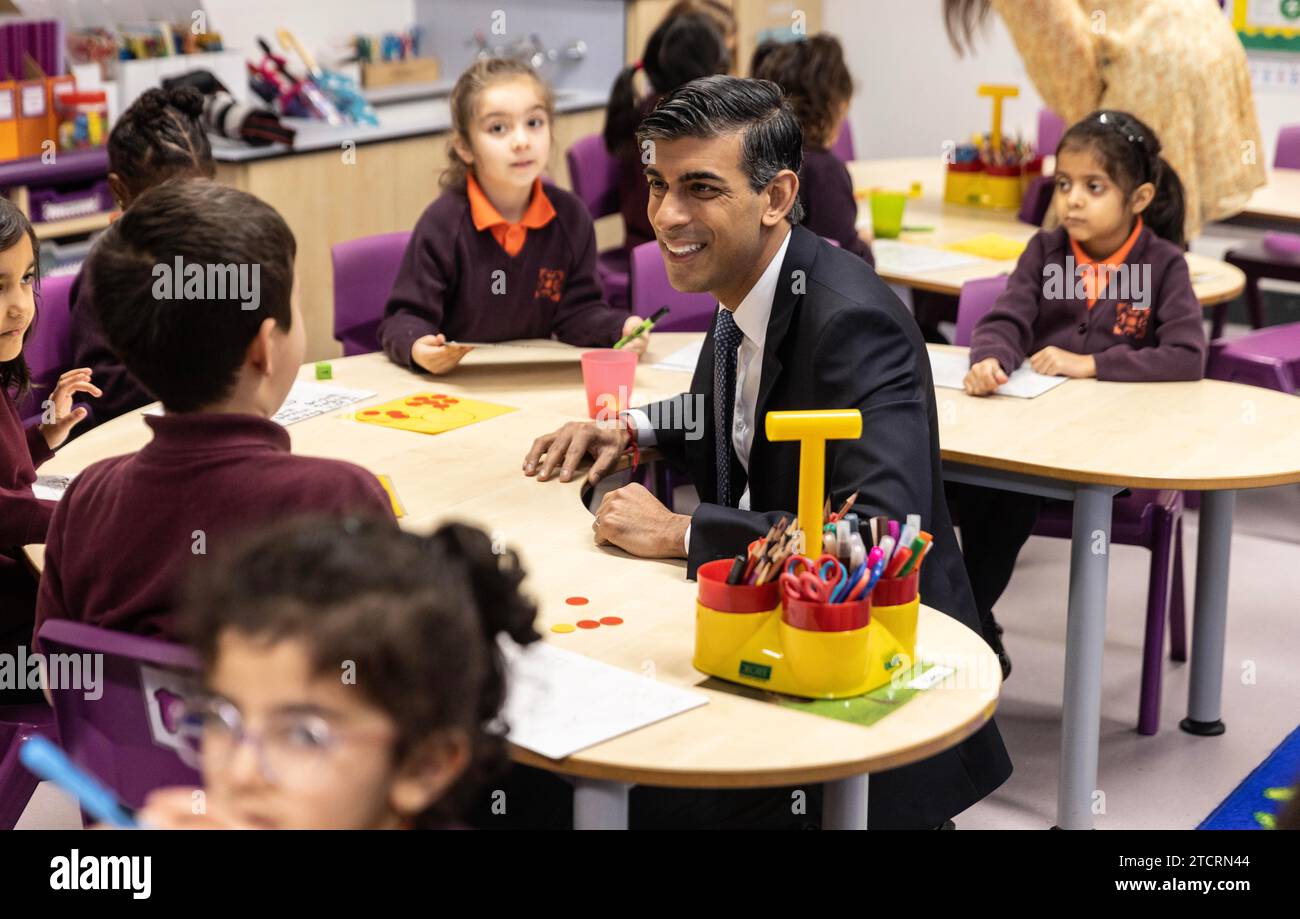 Prime Minister Rishi Sunak speaks to pupils in a year one maths class ...