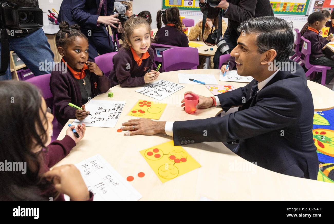 Prime Minister Rishi Sunak speaks to pupils in a year one maths class ...