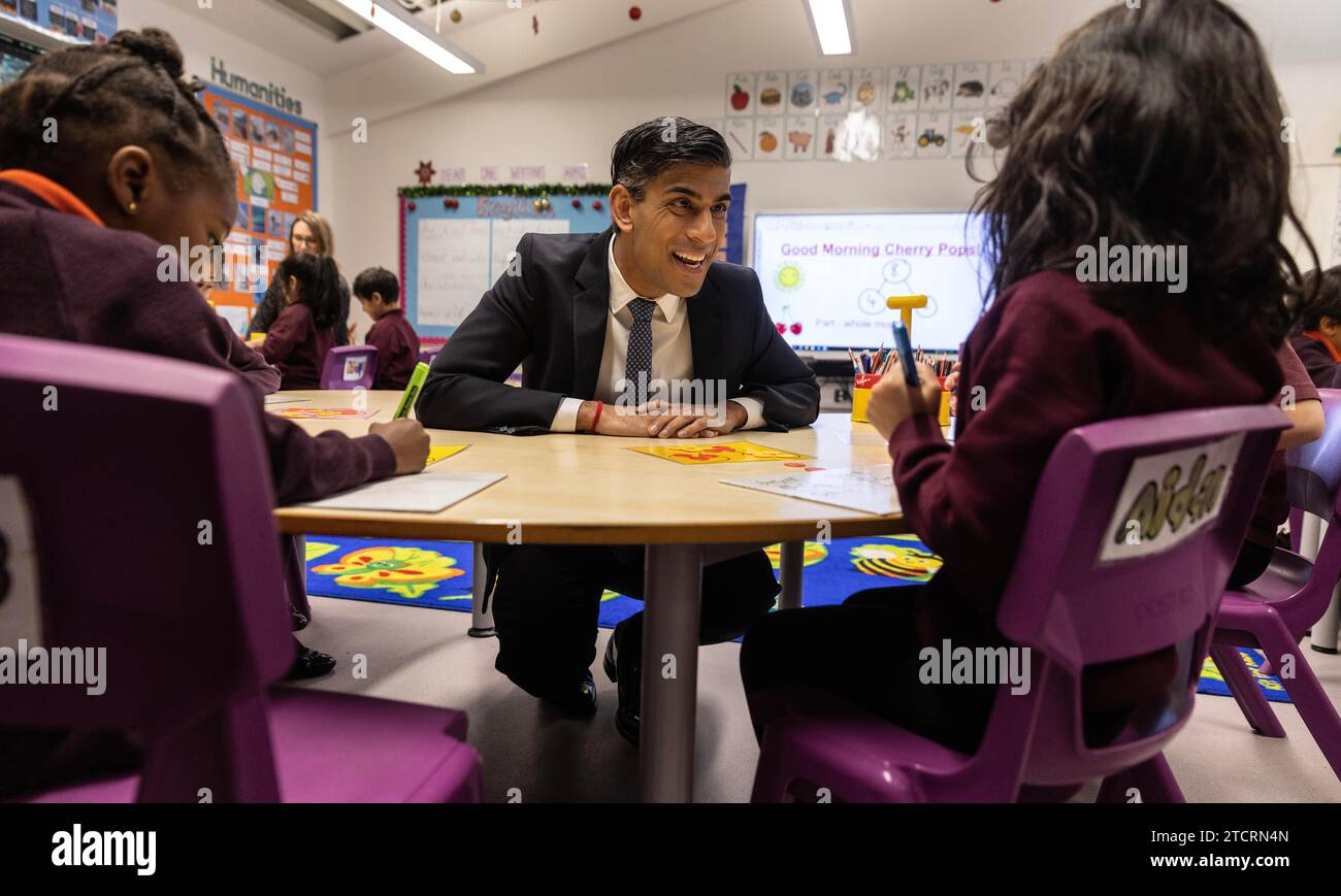 Prime Minister Rishi Sunak speaks to pupils in a year one maths class ...