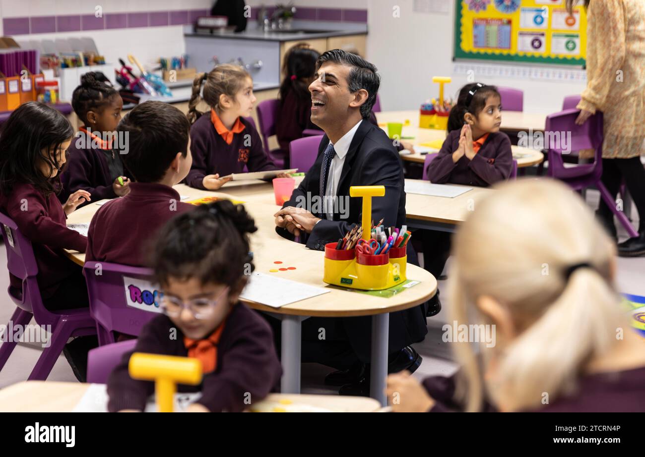 Prime Minister Rishi Sunak speaks to pupils in a year one maths class ...