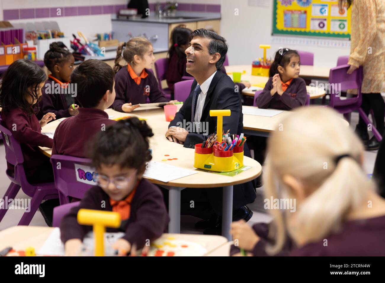 Prime Minister Rishi Sunak speaks to pupils in a year one maths class ...