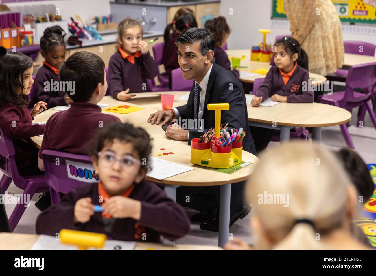 Prime Minister Rishi Sunak speaks to pupils in a year one maths class ...