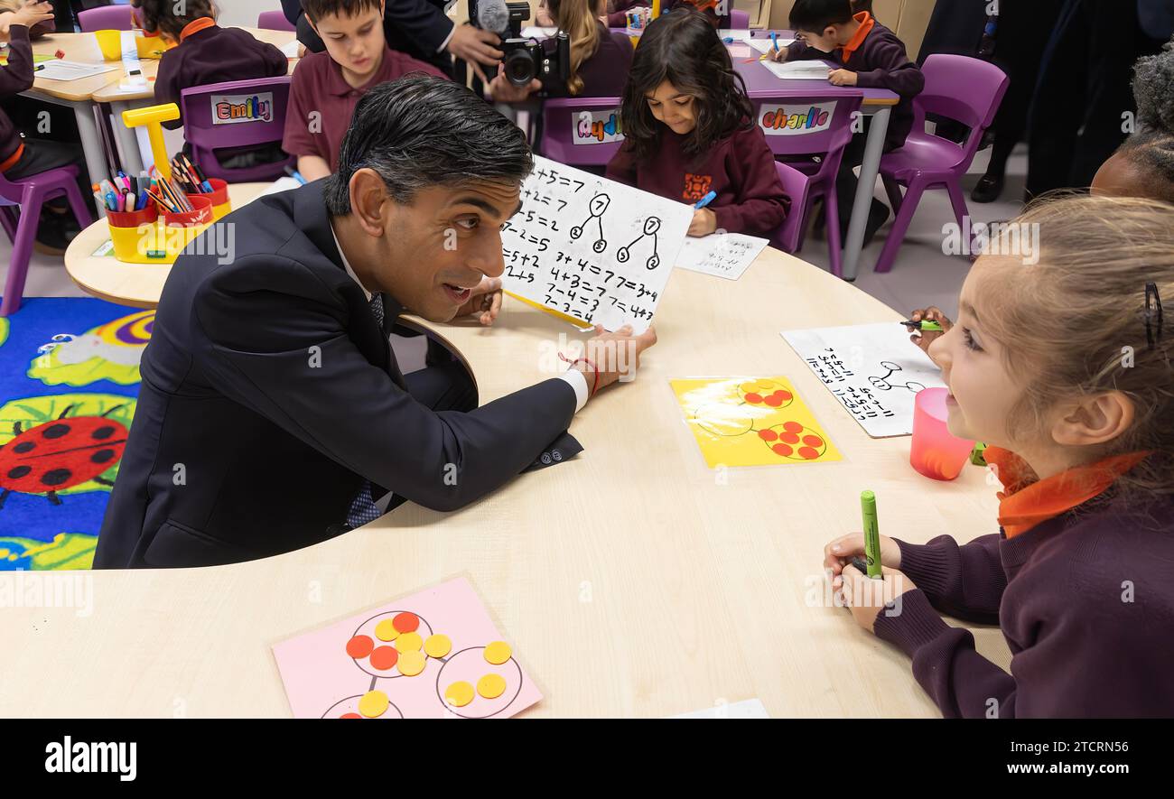 Prime Minister Rishi Sunak speaks to pupils in a year one maths class ...