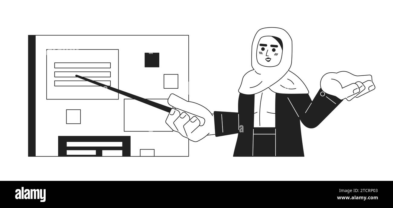 Hijab employee holding pointing stick black and white 2D cartoon ...