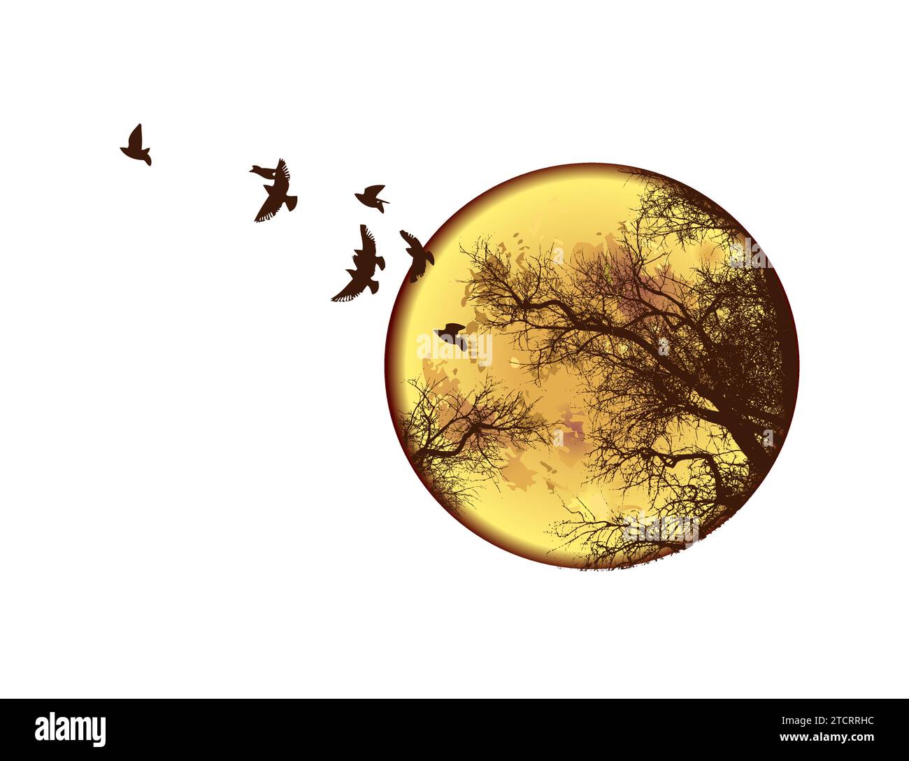 Abstraction moon and a flock of birds. hand drawing. Not AI. Vector ...
