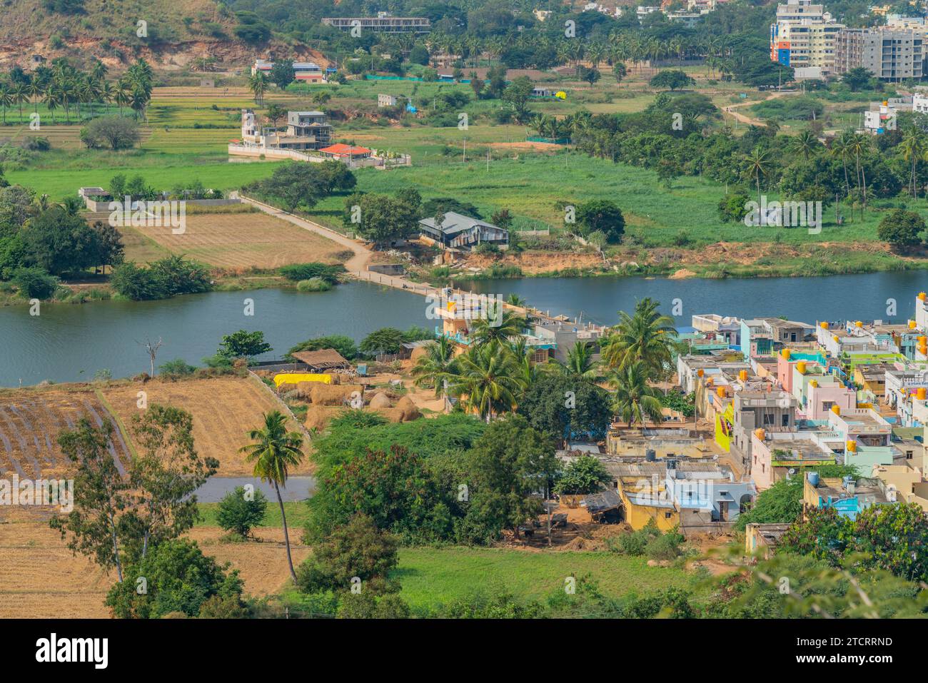 Landscape from a village at Puttaparthi with the houses and river in ...