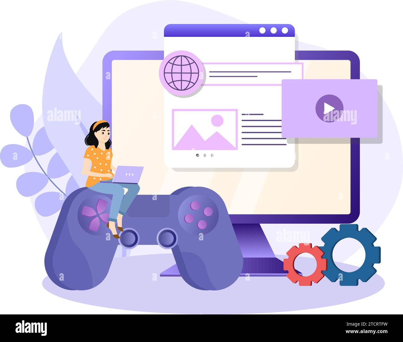 Gamification illustration. Development video games. Girl write code for ... Gamification illustration. Development video games. Girl write code for ...