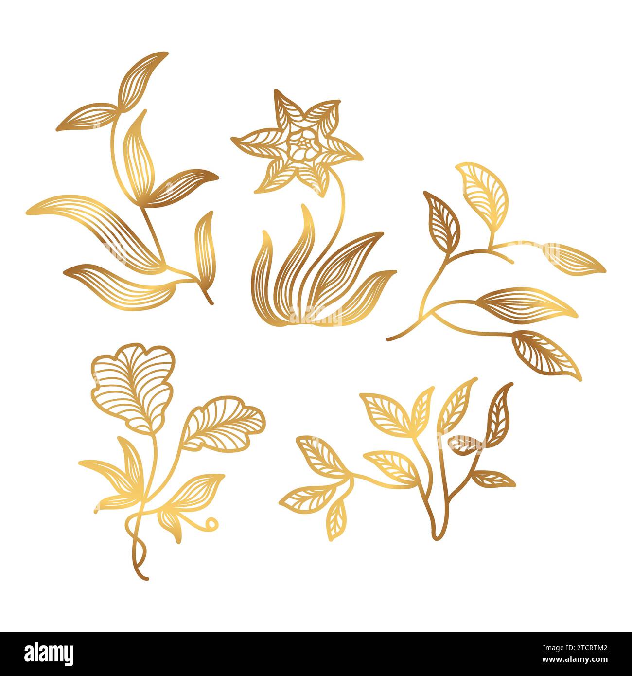 Golden Floral Vector Illustration with Line Style. Luxury Hand Drawn ...