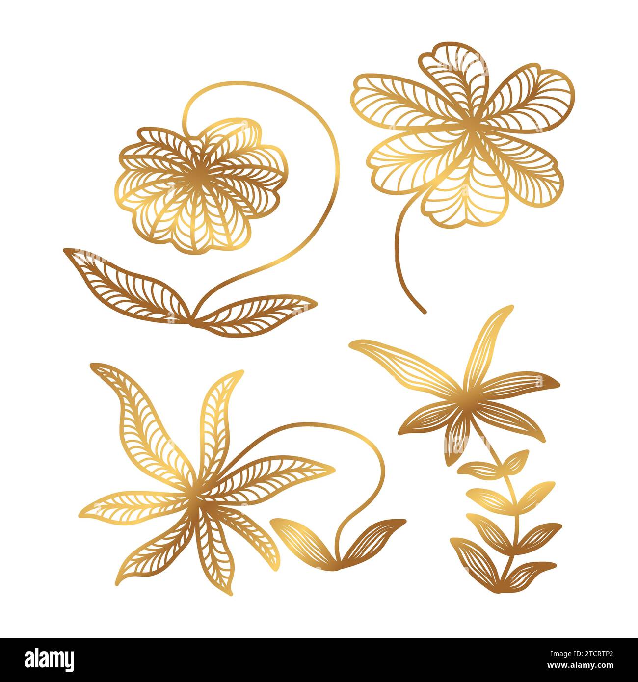 Golden Floral Vector Illustration with Line Style. Luxury Hand Drawn ...