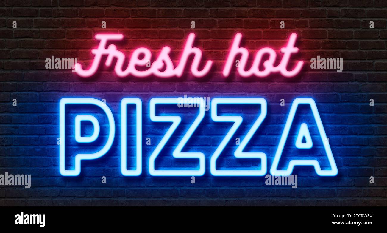 Neon sign on a brick wall - Fresh hot pizza Stock Photo - Alamy