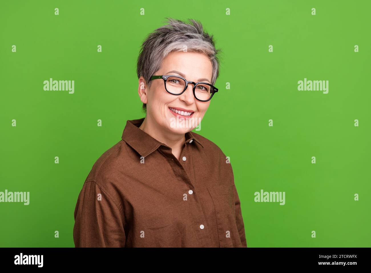 Portrait of good mood intelligent person with short hairdo dressed ...