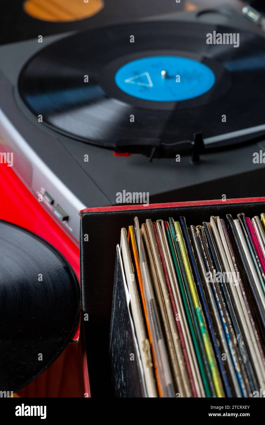 A vinyl record collection and record player Stock Photo - Alamy