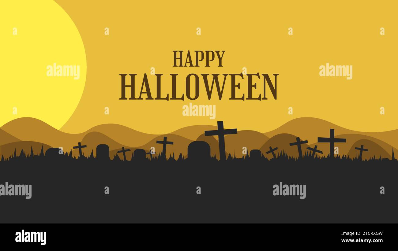 Happy Halloween greeting banner with graveyard and tombstone in flat design Stock Vector Image ...