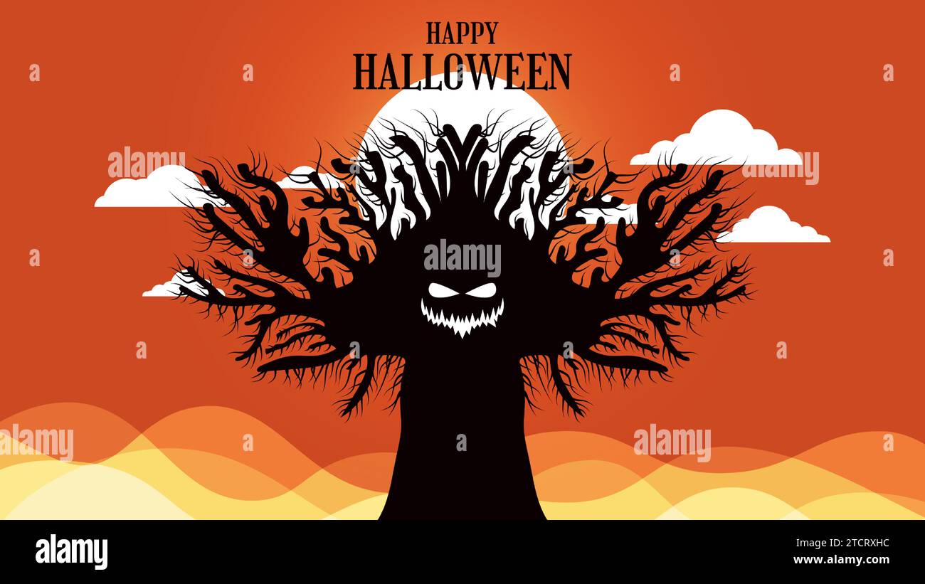 Creepy Halloween background with spooky tree smiling under clouds and ...