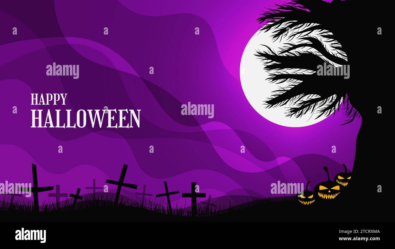 Creepy Halloween background with spooky tree, tombstone, and smiling ...