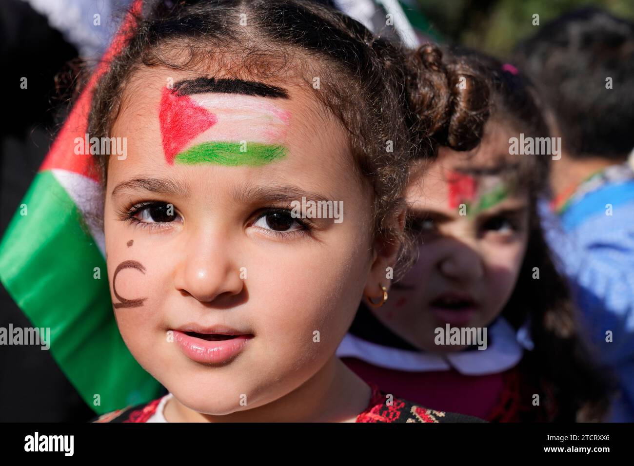 A Palestinian elementary student with the color of the Palestinian flag ...