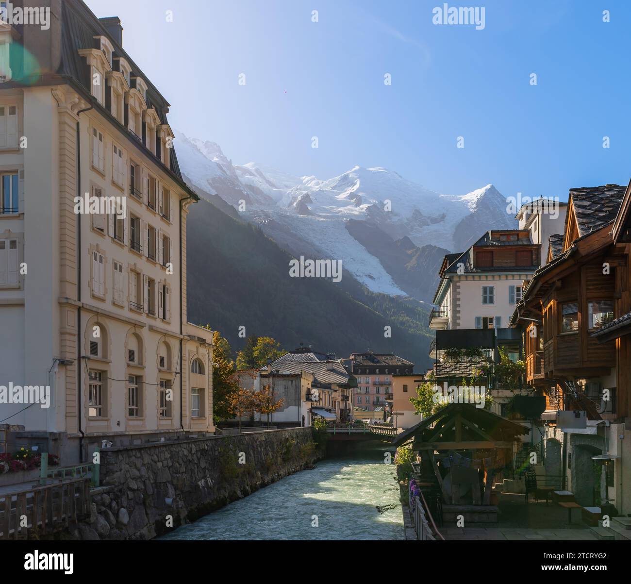 The Arve river and Mont Blanc in Chamonix, Haute Savoie, France Stock ...