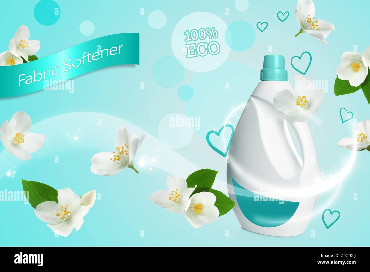 Fabric softener advertising design. Bottle of eco conditioner and ...