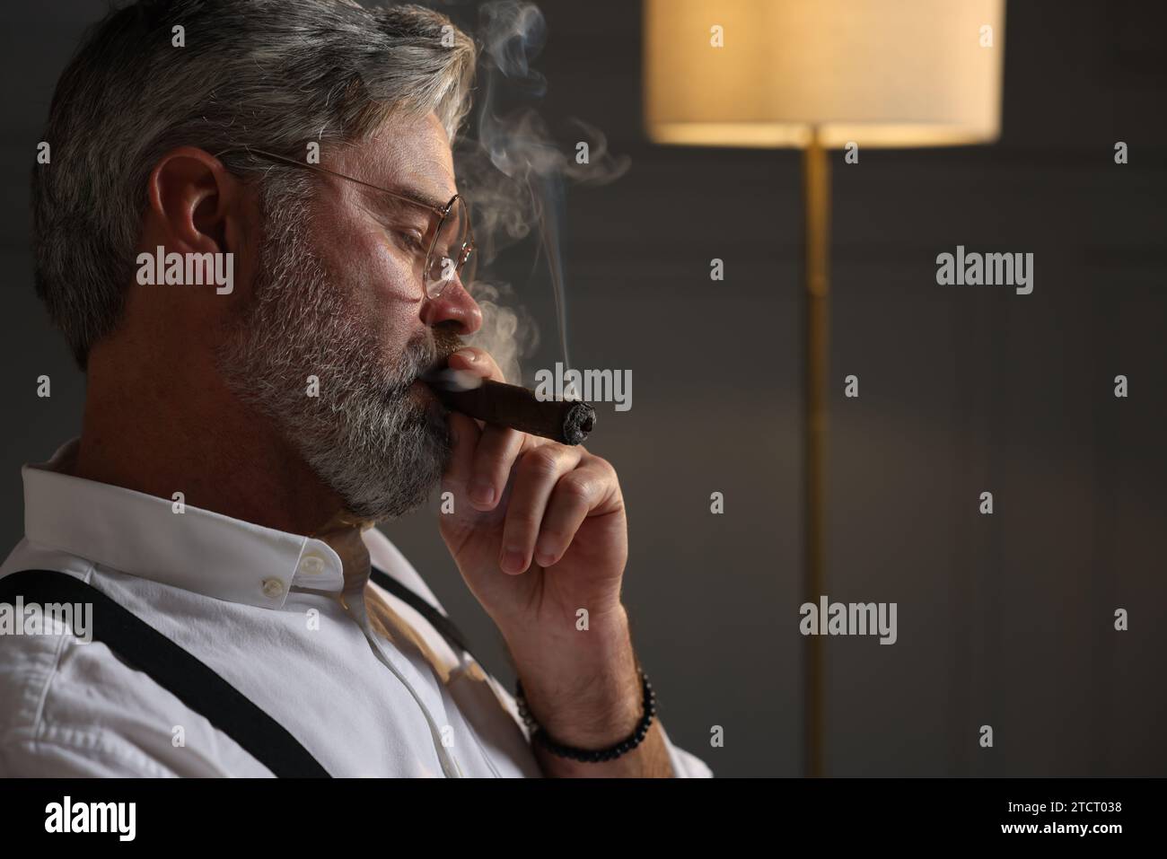 Bearded man smoking cigar indoors. Space for text Stock Photo - Alamy