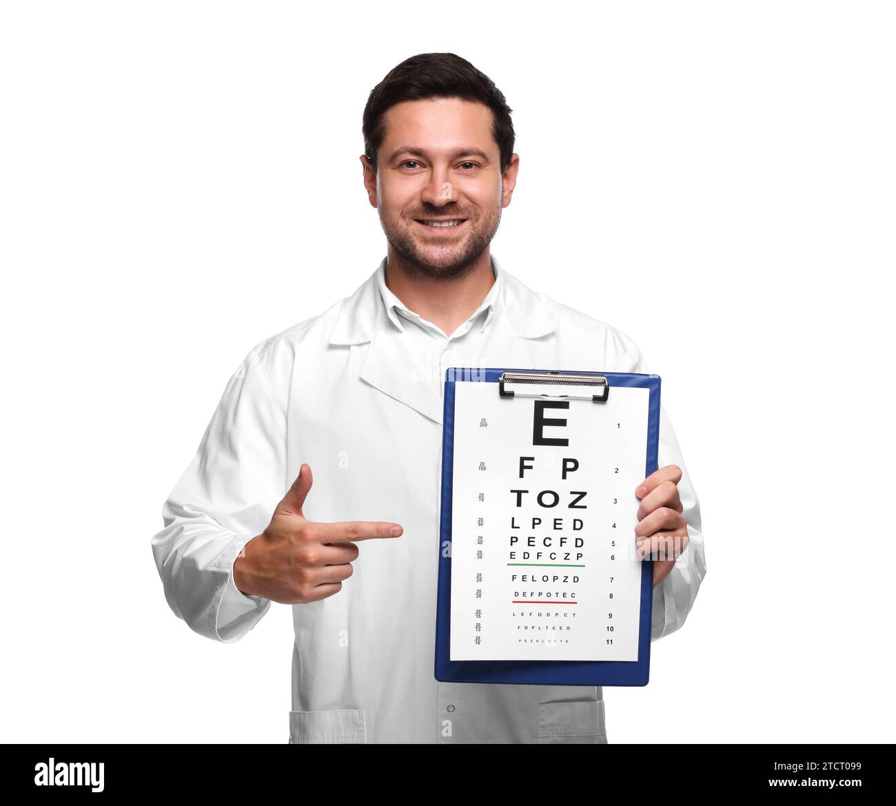 Ophthalmologist pointing at vision test chart on white background Stock ...