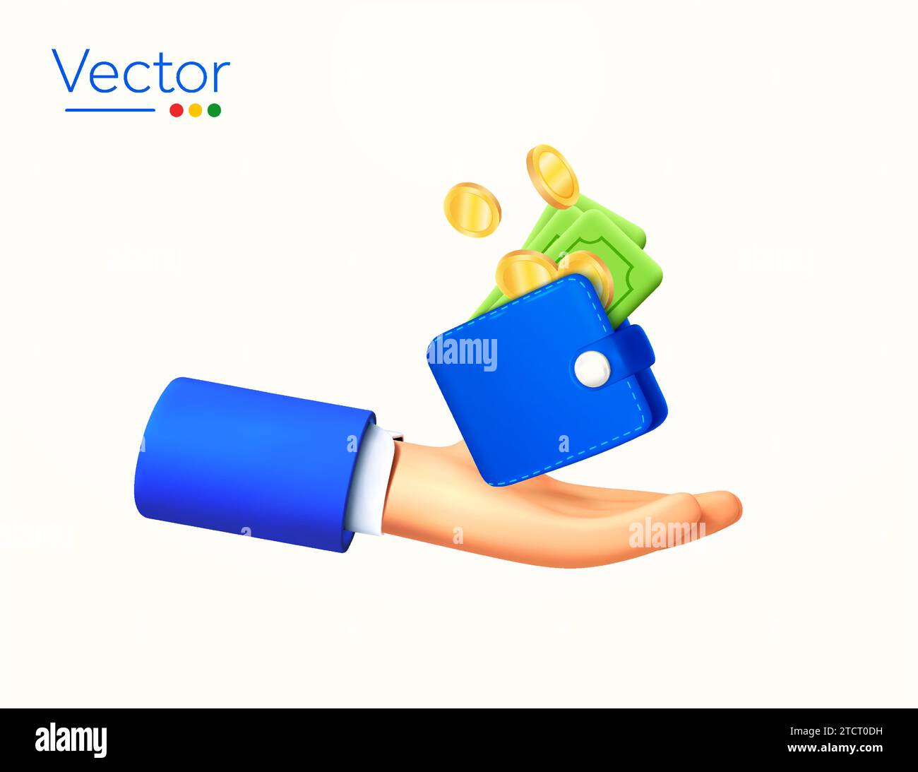 3d cash payment icon with hand holding wallet, dollars and coins ...
