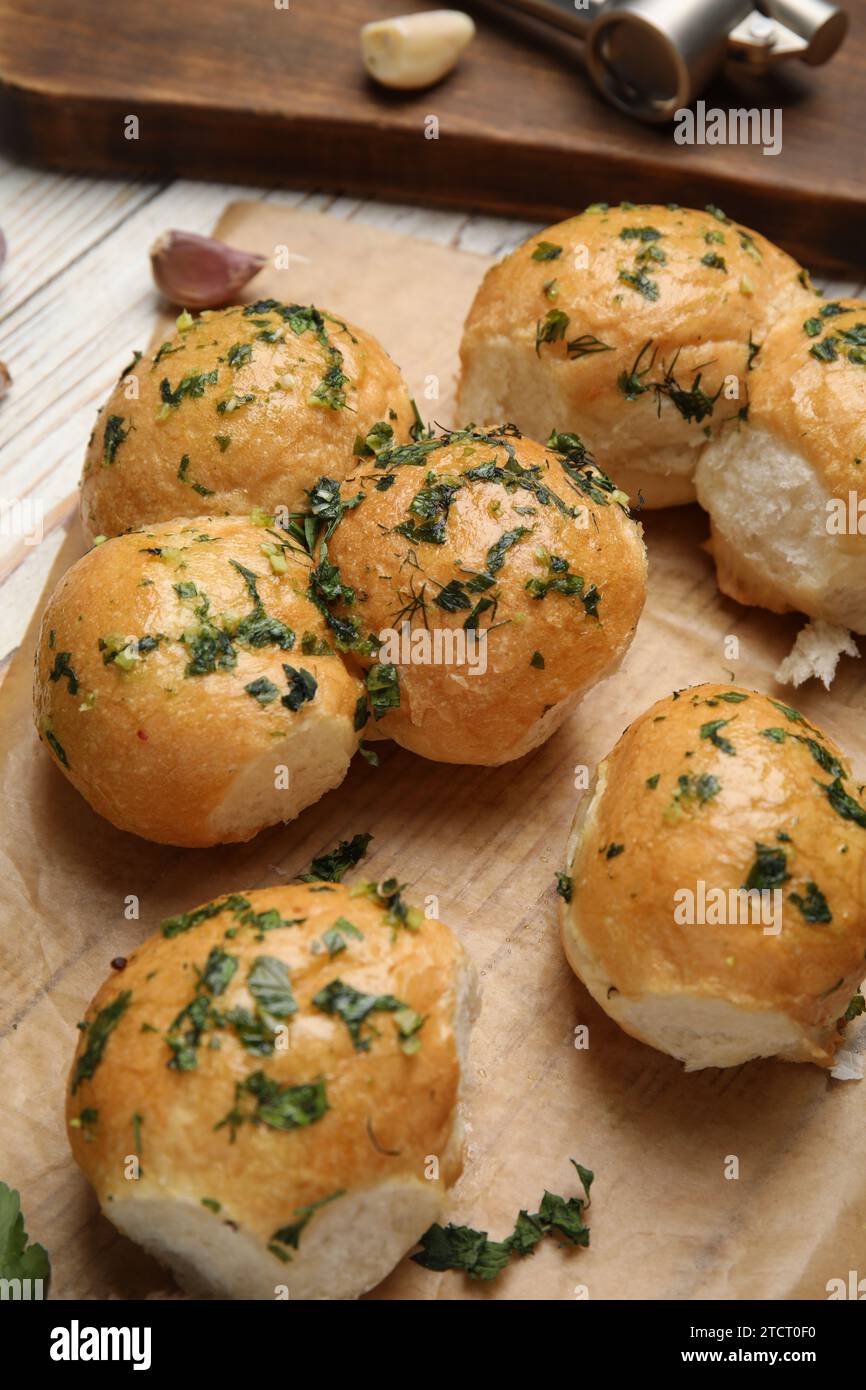 Traditional Ukrainian bread (Pampushky) with garlic on parchment Stock ...