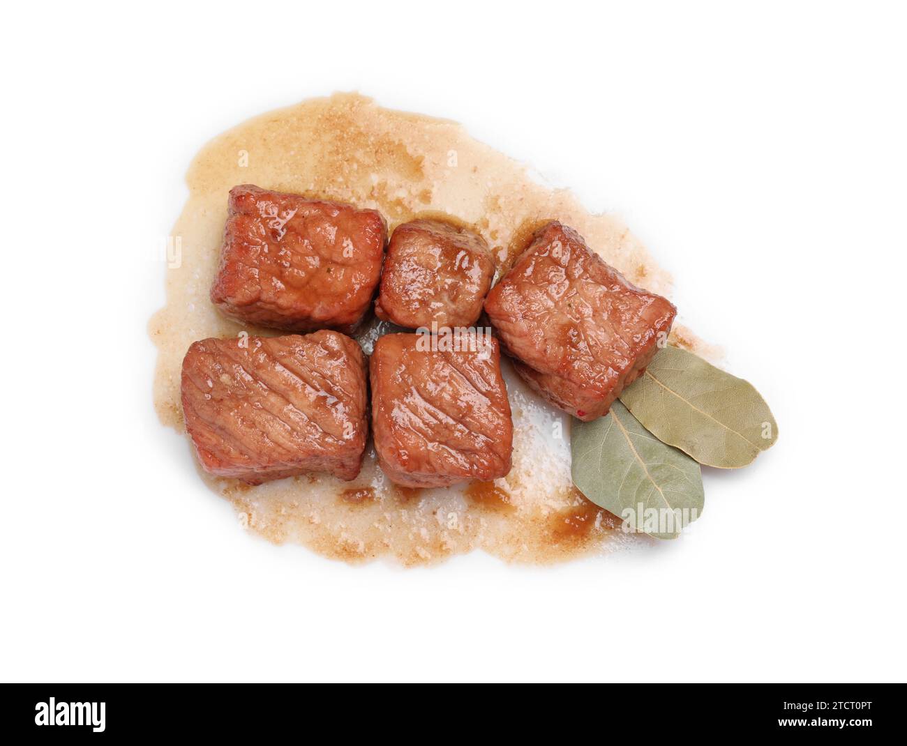 Pieces of delicious cooked beef and bay leaves isolated on white, top ...